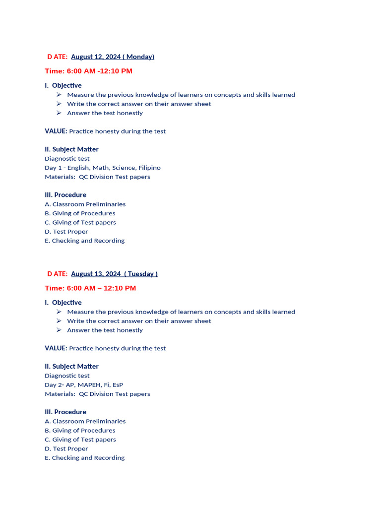 Diagnostic Test Schedule and Guidelines | PDF