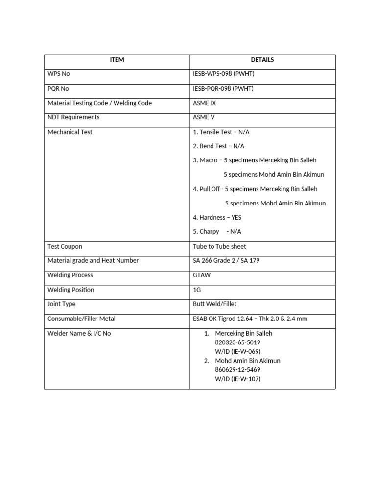 Test Matrix-IESB-WPS-098 (PWHT) | PDF