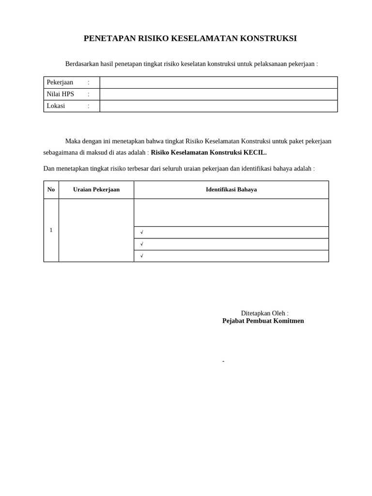 Contoh Form Penetapan Risiko Keselamatan Konstruksi | PDF
