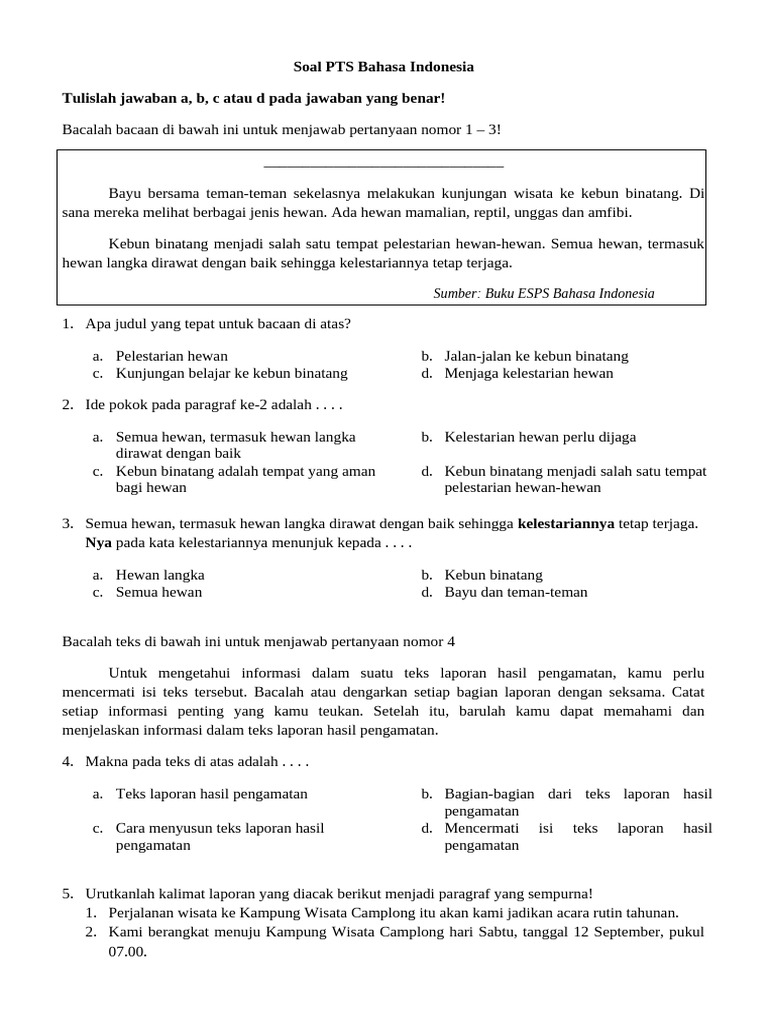 Soal PTS Bahasa Indonesia | PDF