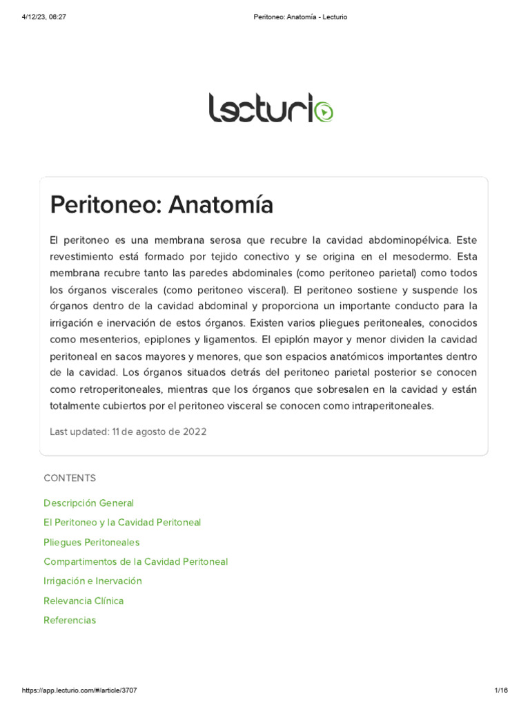 Anatomía del Peritoneo y su Función | PDF | Abdomen | Peritoneo