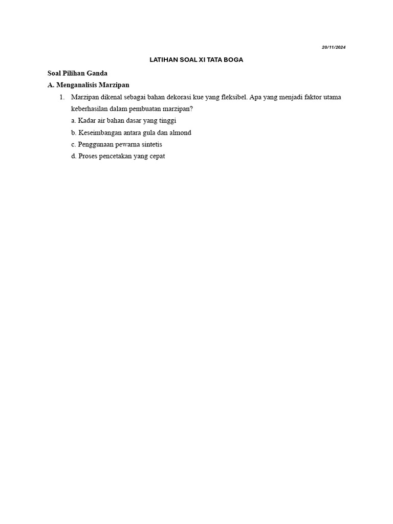 Latihan Soal Xi Tata Boga (Rabu, 20-11-2024) | PDF