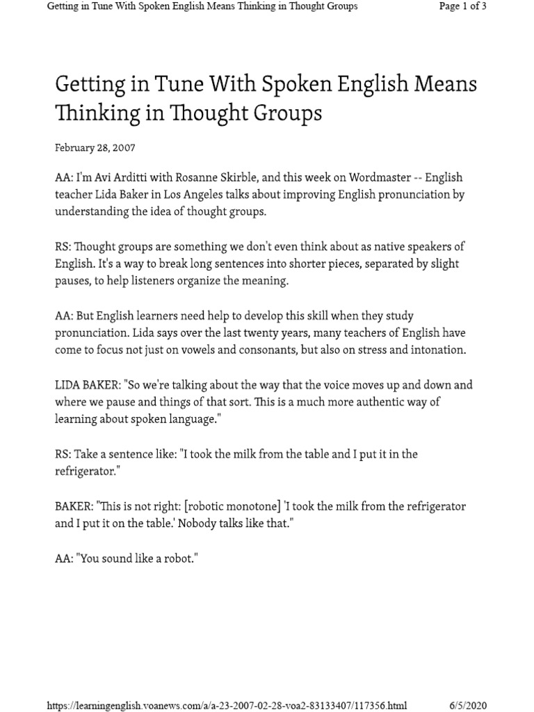 Getting in Tune With Spoken English Means Thinking in Thought Groups | PDF