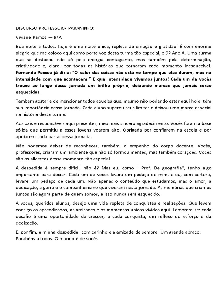 Discurso Professora Paraninfo | PDF