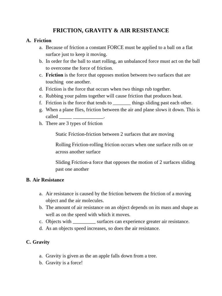 Friction Air Resistance Gravity Notes | PDF