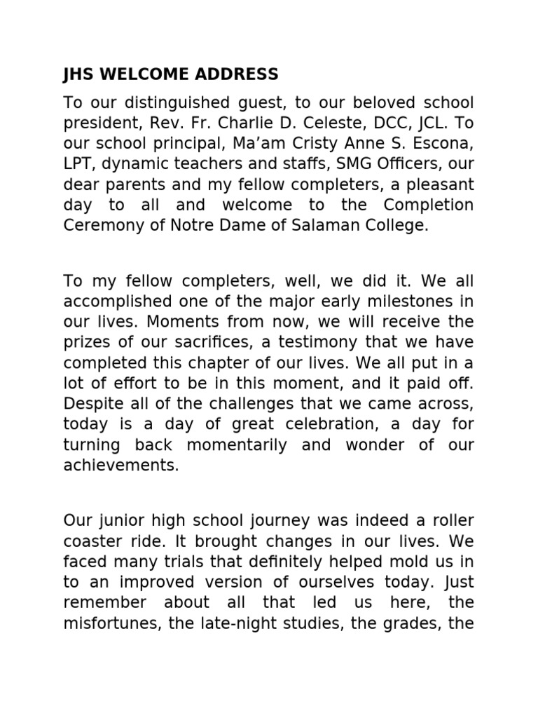 JHS WELCOME ADDRESS | PDF