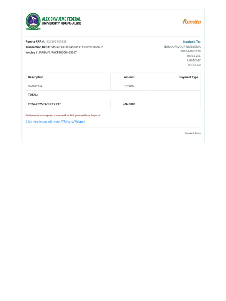 FUNAI/1/FACF10000465967: Remita RRR #: Transaction Ref #: Invoice # | PDF