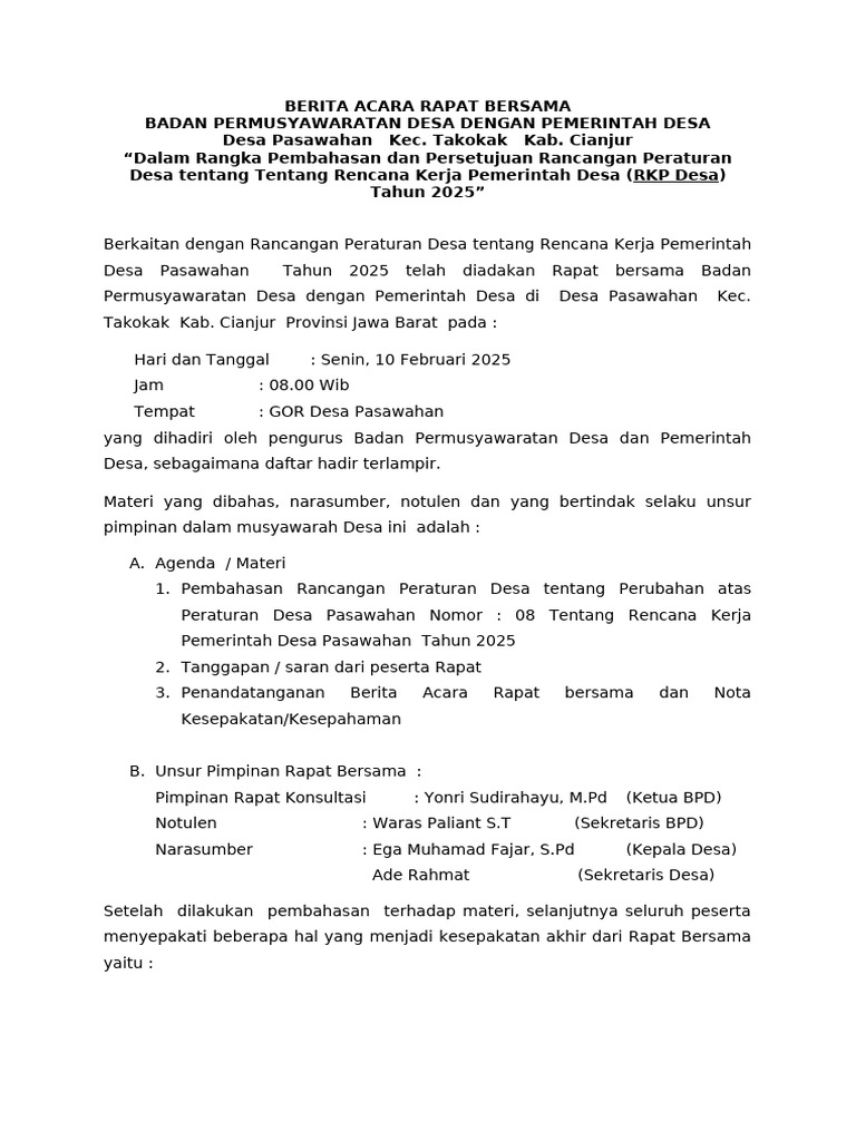 Berita Acara Rapat Bersama, Notulen Dadftar Hadir Bpd Rkpd | PDF