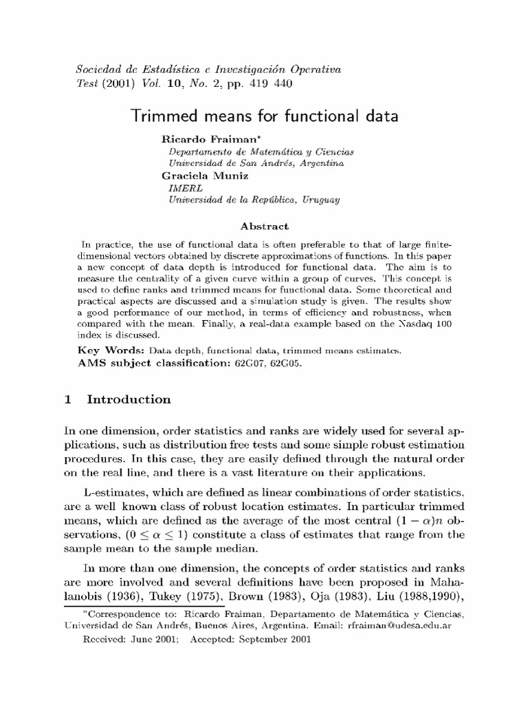 2001 - Fraiman - Trimmed Means For Functional Data | PDF | Median | Mean