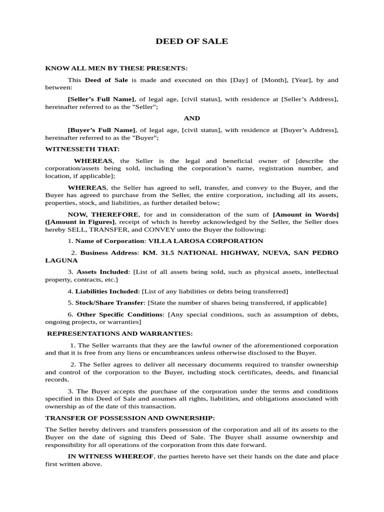 Deed of Sale Corporation | PDF | Deed | Law And Economics