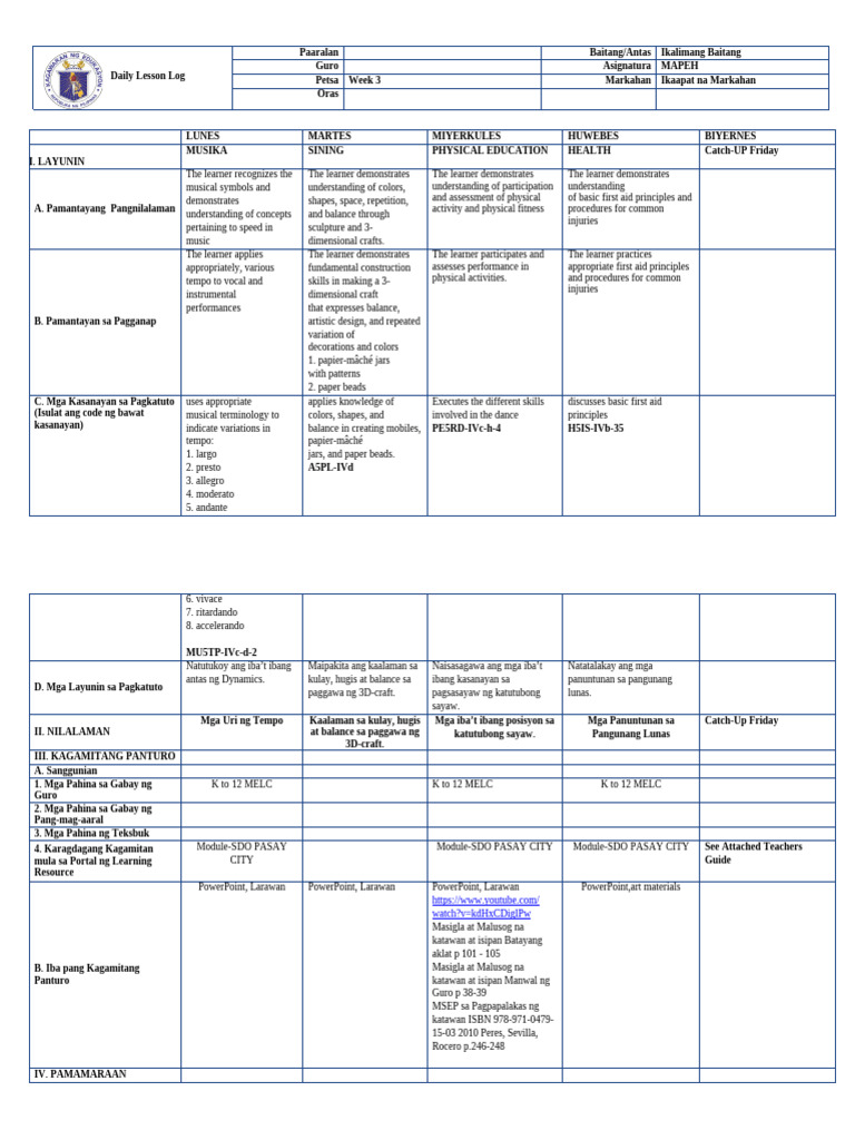 Mapeh 5 Quarter 4 Week 1 | PDF