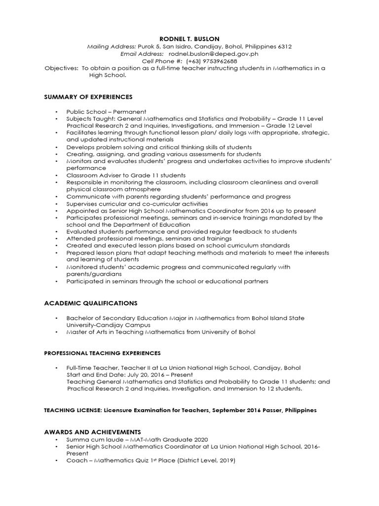 Mathematics Teacher Resume - Rodnel Buslon | PDF | Teachers | Lesson Plan