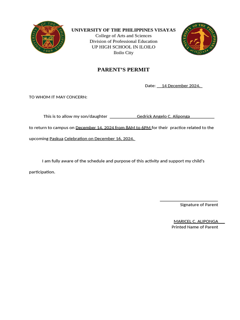 UPHSI Parents Permit Review Oct 16 | PDF