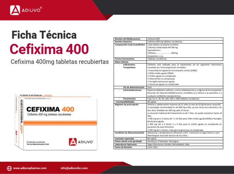 Ficha Técnica de Cefixima 400 mg | PDF | Tableta (Farmacia) | Penicilina