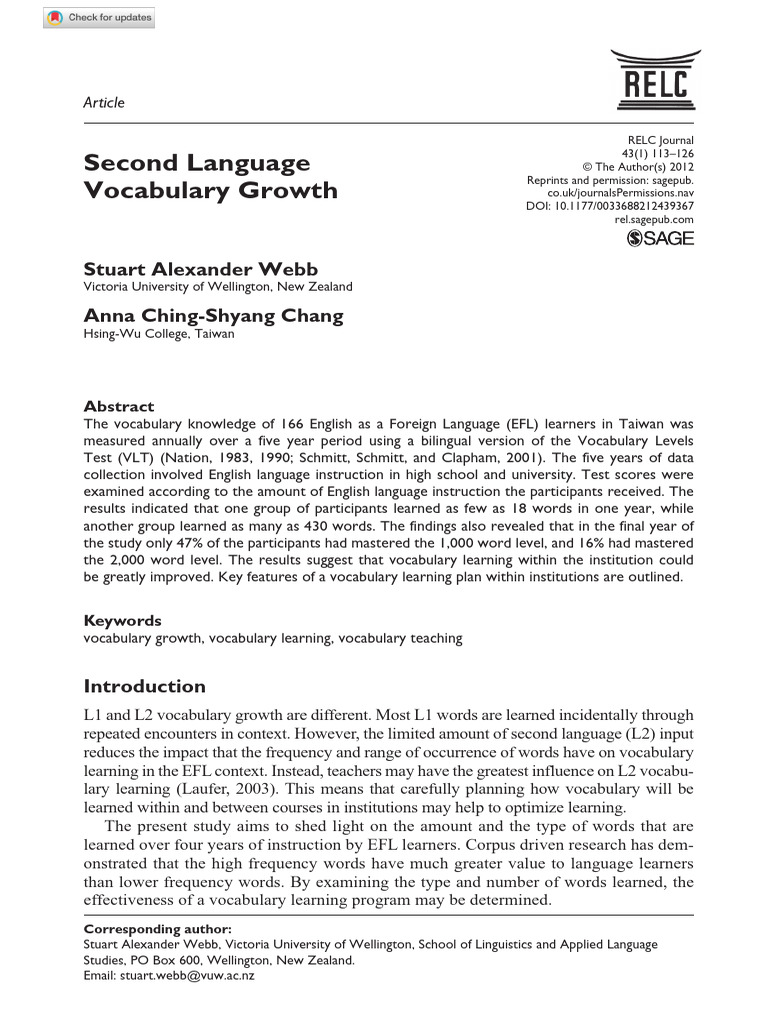 Webb Chang 2012 Second Language Vocabulary Growth | PDF | Second Language | Vocabulary