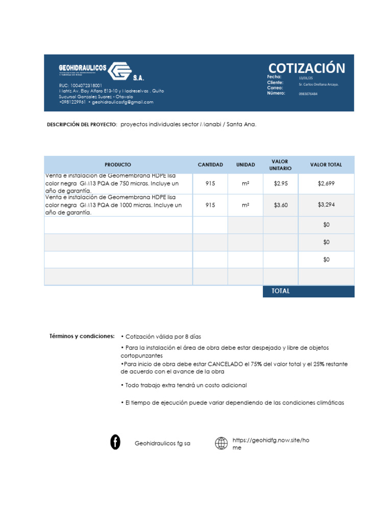 Cotización Geomembrana 00220464 Sr. Carlos Orellana | PDF