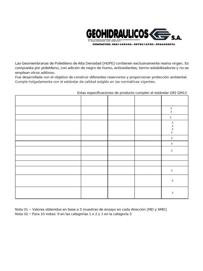 Geomembrana HDPE GM13 0.75 mm Especificaciones | PDF | Materiales
