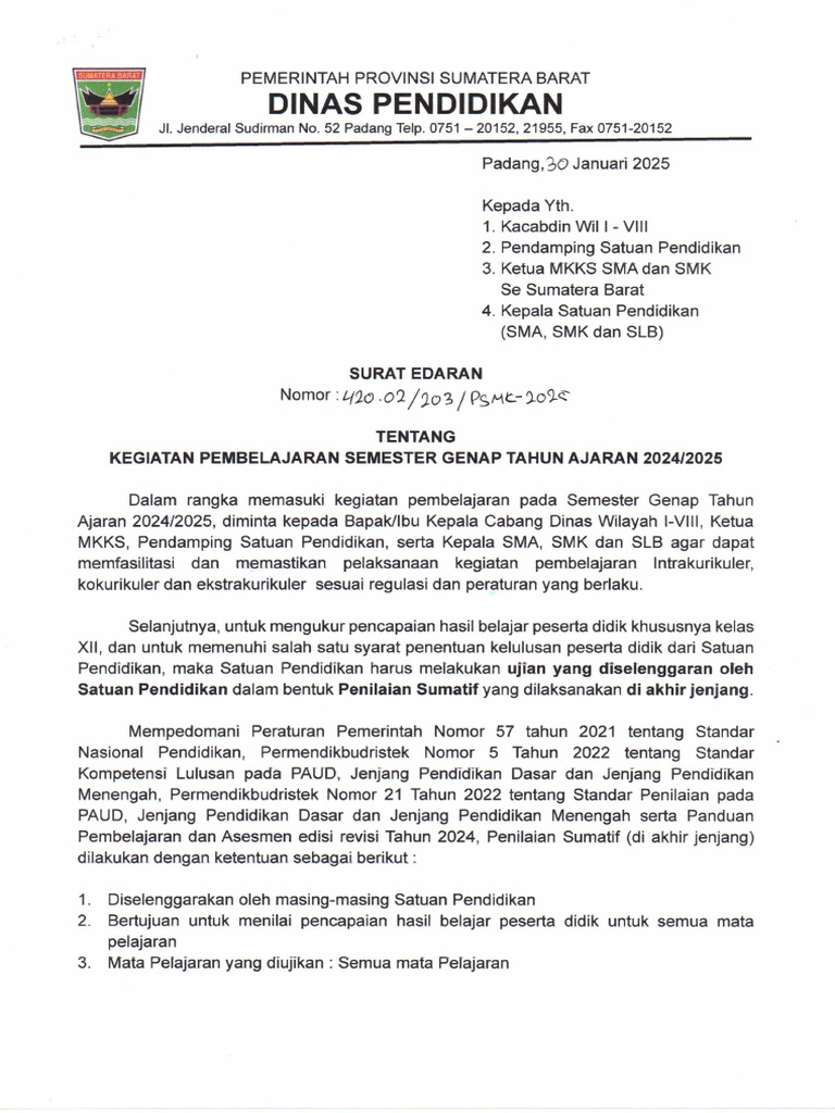 Surat Edaran Kegiatan Pembelajaran Semester Genap TA.2024-2025 | PDF