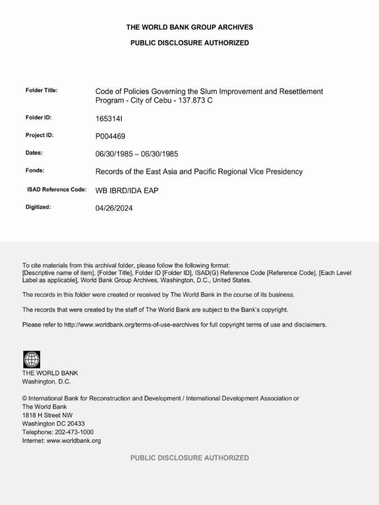 Code of Policies Governing the Slum Improvement and Resettlement ...
