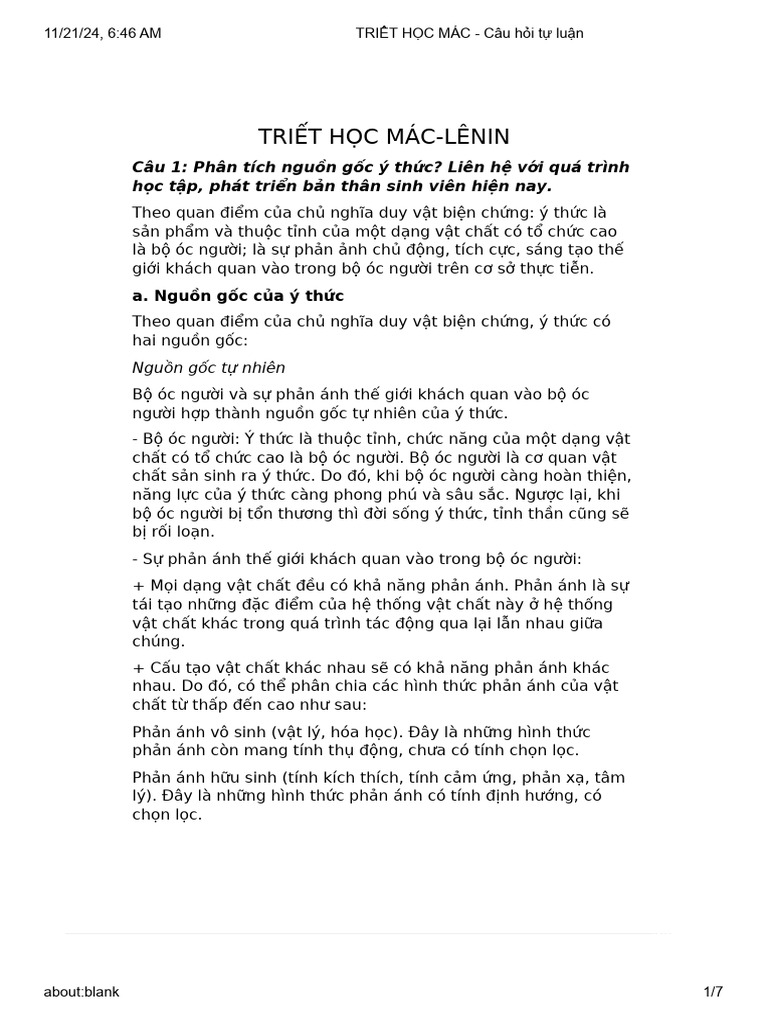 TRIẾT HỌC MÁC - Câu hỏi tự luận | PDF