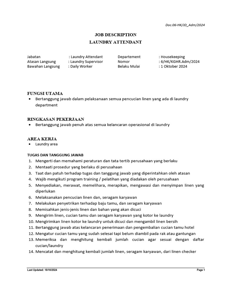 Job Description Laundry Attendant | PDF