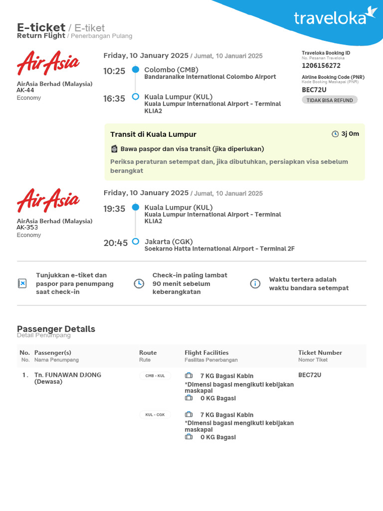 Cgk-Colombo Return Ticket | PDF