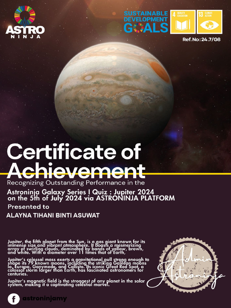 Certificate for ALAYNA TIHANI BINTI ASUWAT for _Astroninja Kuiz Siri ...