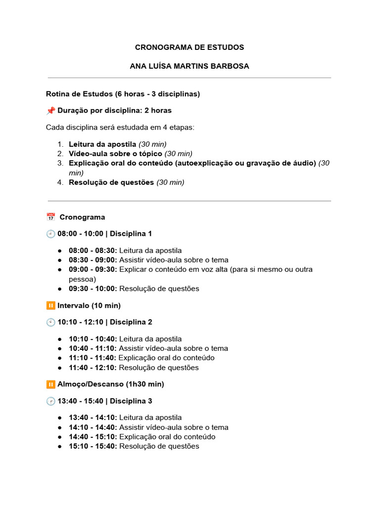 Rotina de Estudos - Ana Luísa | PDF