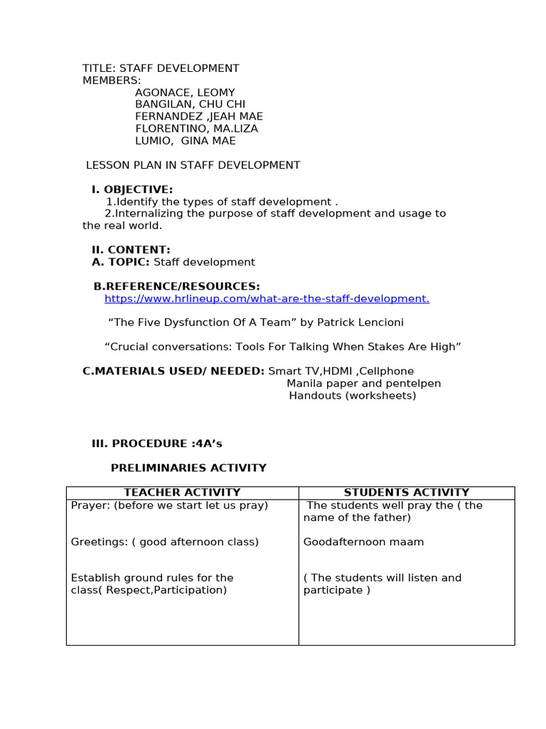 Staff Development Lesson Plan Guide | PDF | Brainstorming | Cognitive ...