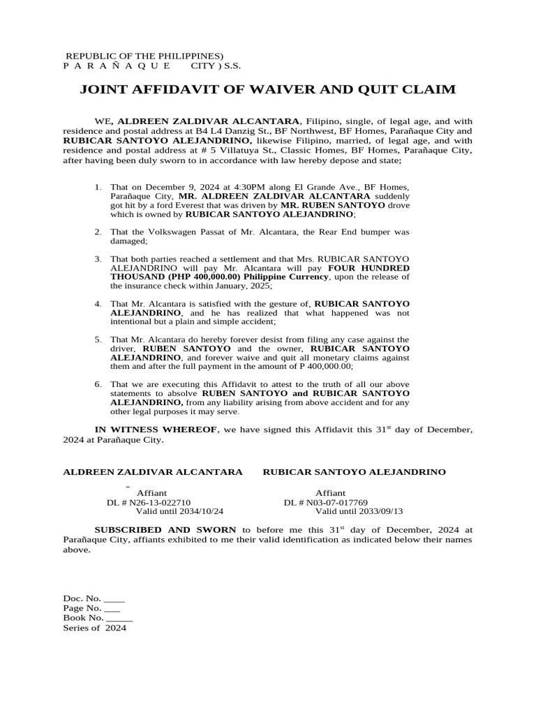 Joint Affidavit of Waiver and Quit Claim | PDF | Affidavit | Evidence