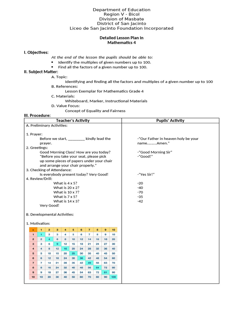 Grade 4 Math Lesson Plan: Factors & Multiples | PDF | Multiplication ...