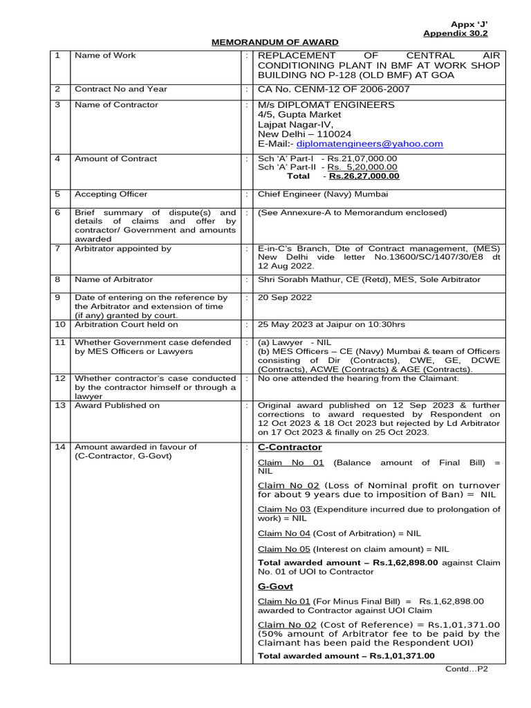 18.12.23-Mem of Award 'J' DIPLOMAT | PDF | Arbitration | Justice