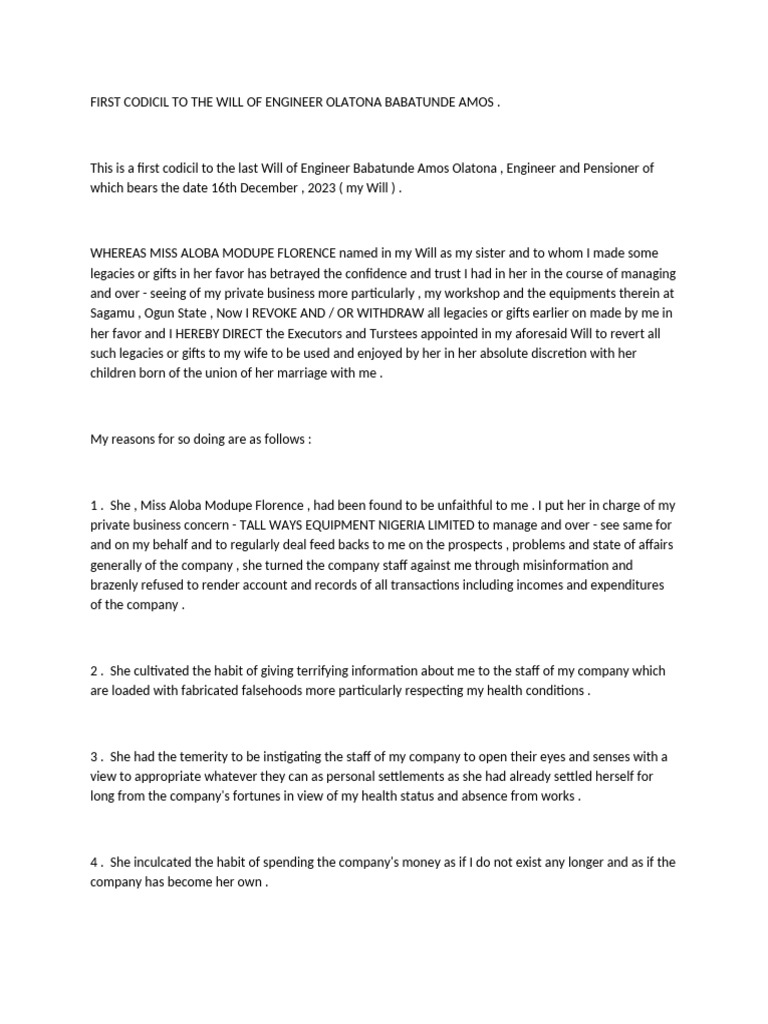 FIRST CODICIL T-WPS Office | PDF