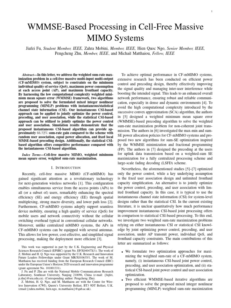 WMMSE-Based Processing in Cell-Free Massive MIMO Systems | PDF | Mimo | Telecommunications ...