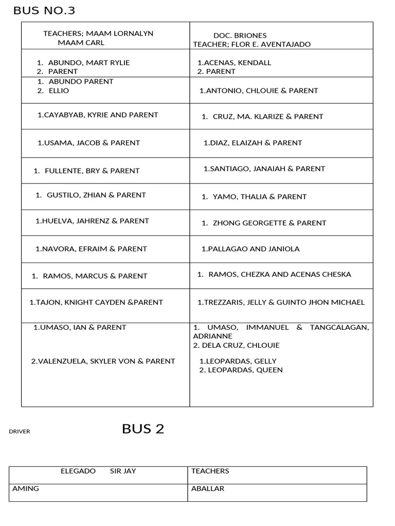 Bus No. 3 Driver and Teacher List | PDF