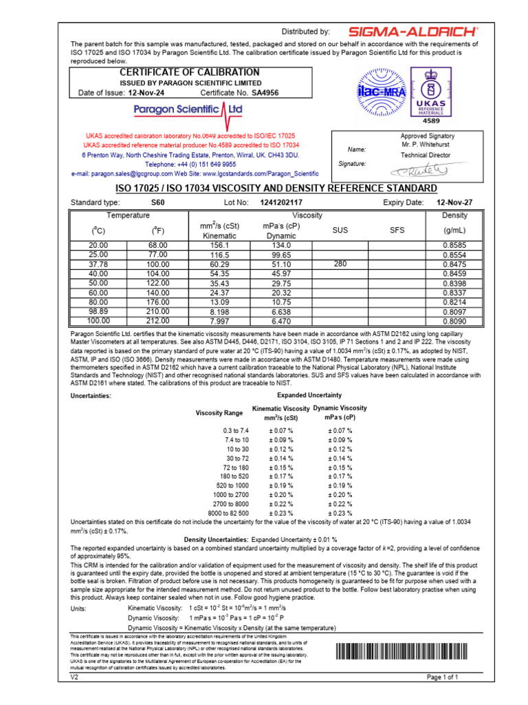 Viscosity & Density Calibration Certificate | PDF | Viscosity | Calibration