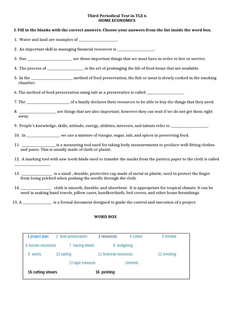 TLE 6 Home Economics Test Guide | PDF | Income | Budget