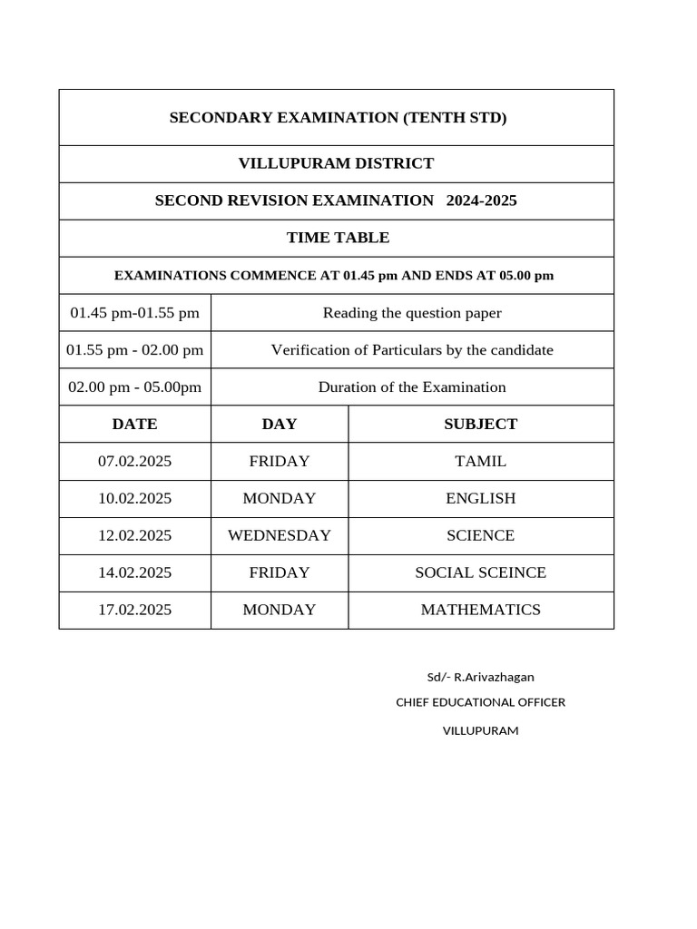 SECOND Revision Exam Time Table 10TH STD | PDF