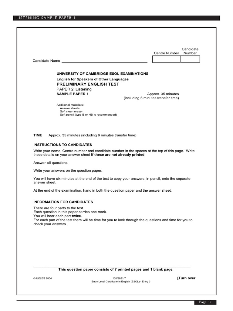 Preliminary Sample Paper Listening | PDF | Meal