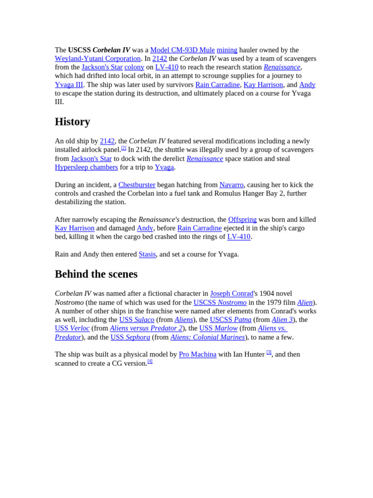 USCSS Corbelan IV: History and Use | PDF
