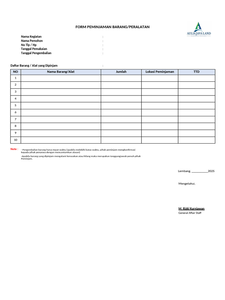 F19 - Form Peminjaman Barang Inventaris | PDF