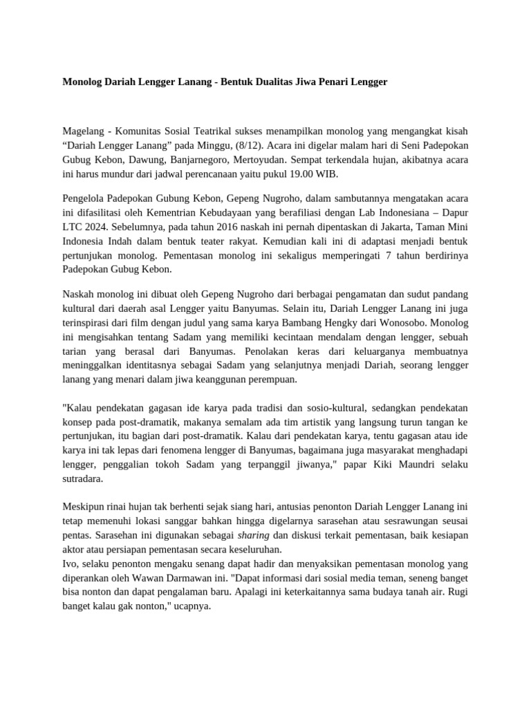 Monolog Dariah Lengger Lanang | PDF