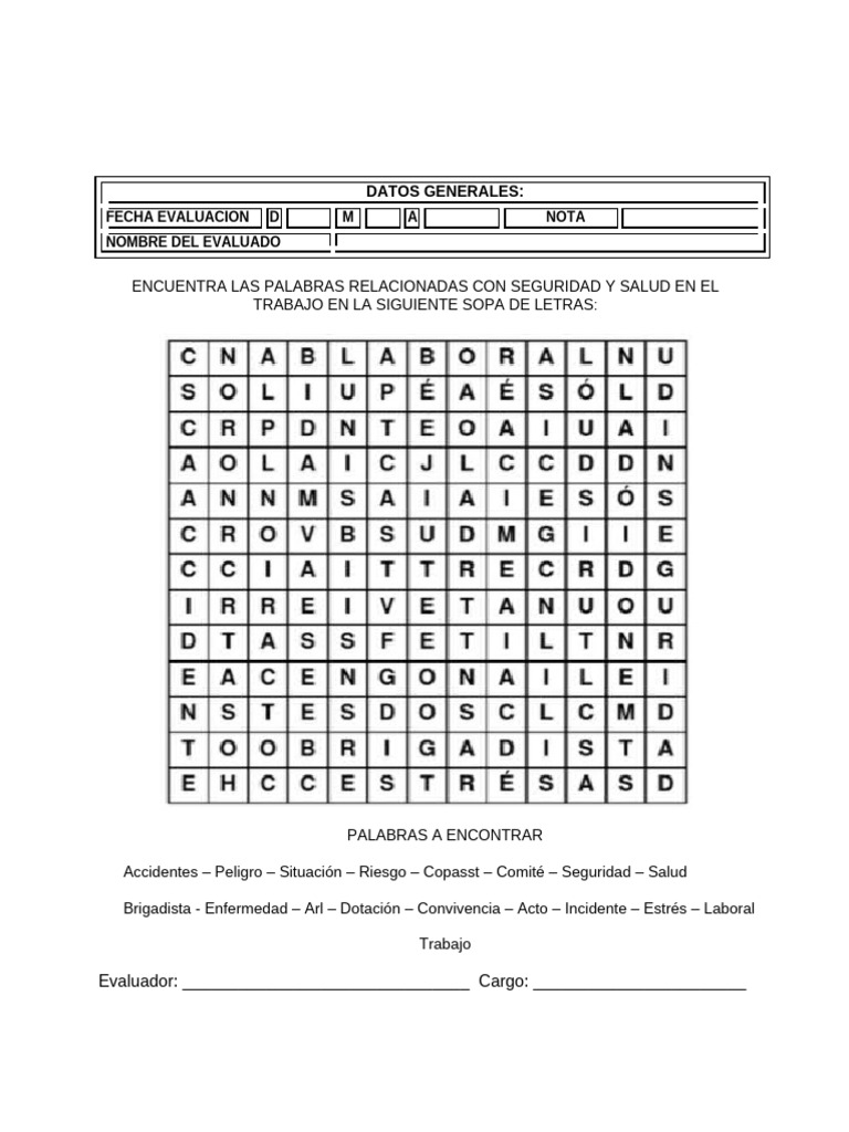 Sopa de Letras: Seguridad Laboral | PDF