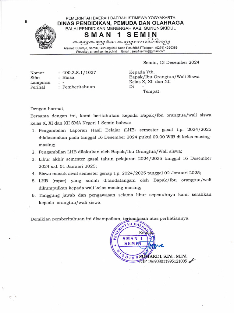 Pemberitahuan Penerimaan LHB Dan Libur Akhir Semester Gasal 2024-2025 | PDF