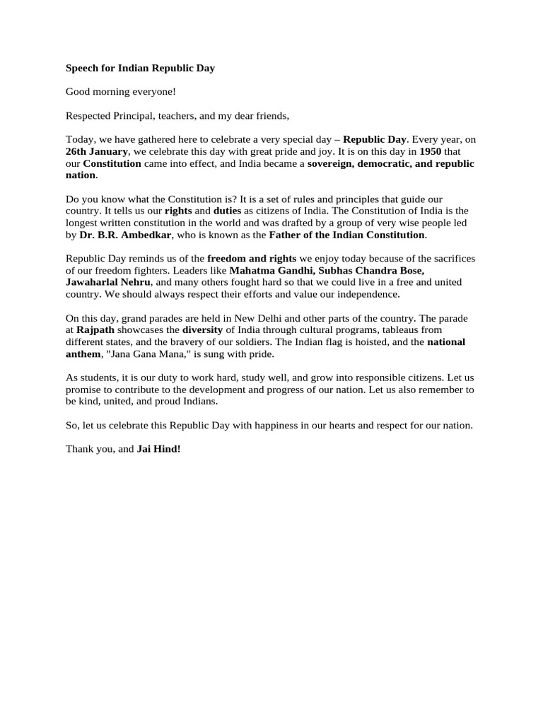 Speech For Indian Republic Day | PDF