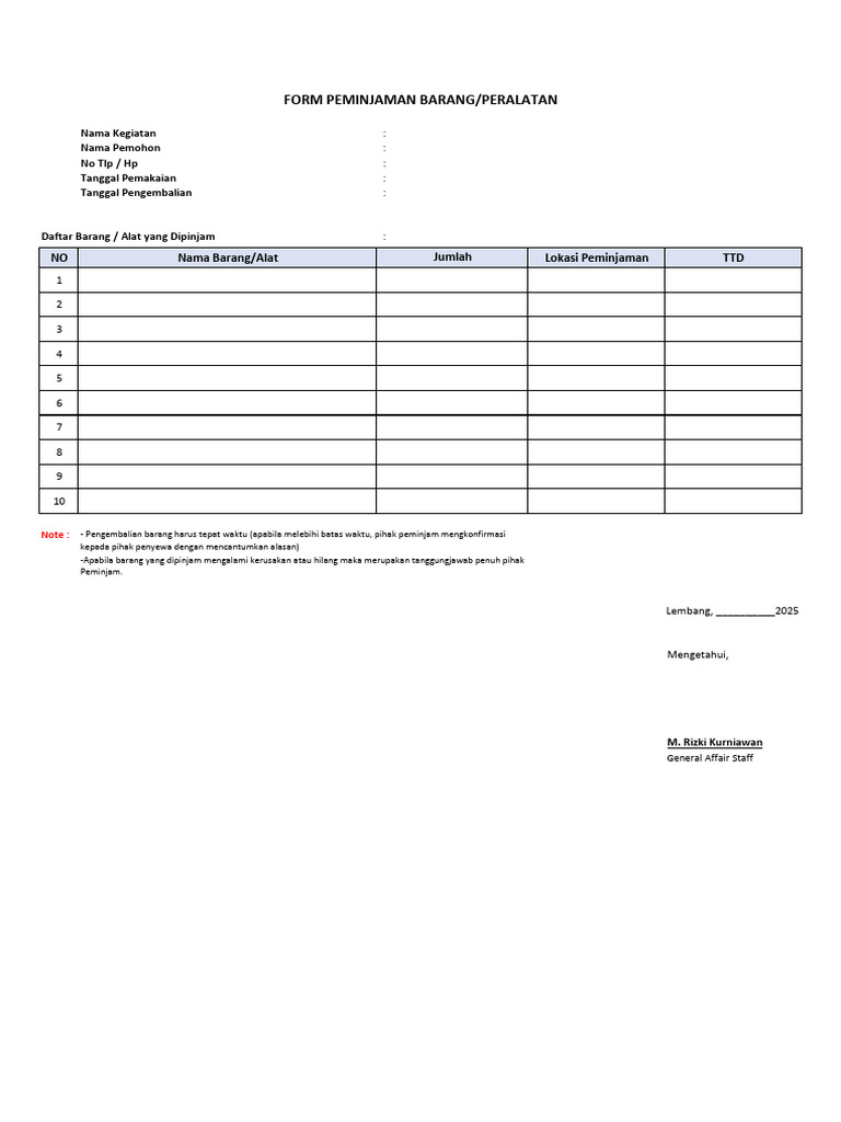 F19_Form & Rekapitulasi Peminjaman Barang Inventaris | PDF