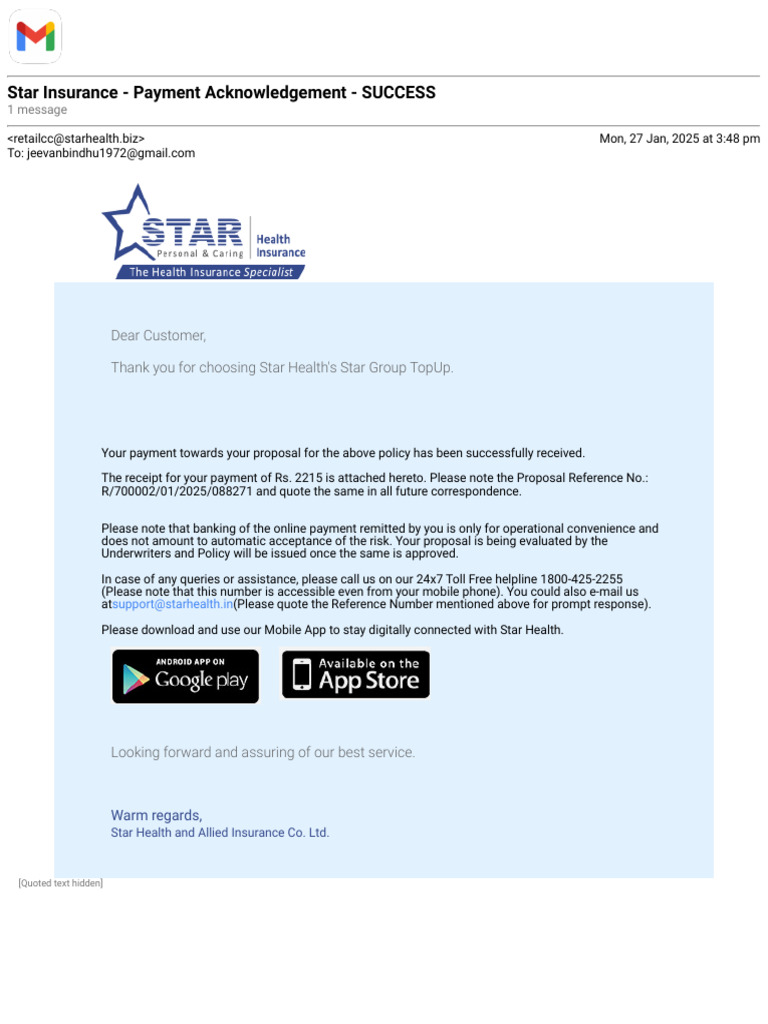 Star Health Payment Acknowledgement | PDF