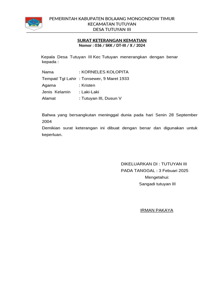 Pemerintah Kabupaten Bolaang Mongondow Timur Kecamatan Tutuyan Desa Tutuyan III | PDF