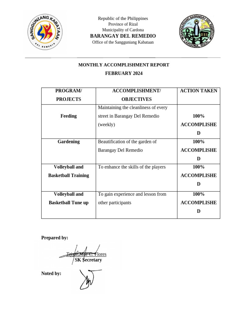 Monthly Accomplishment Report February 2024 | PDF | Youth | Youth ...