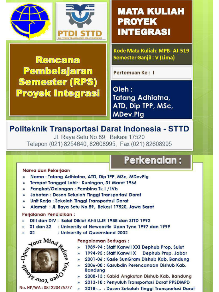 Kuliah Ke 1 Pengantar Perkuliahan Proyek Integrasi (RPS) | PDF